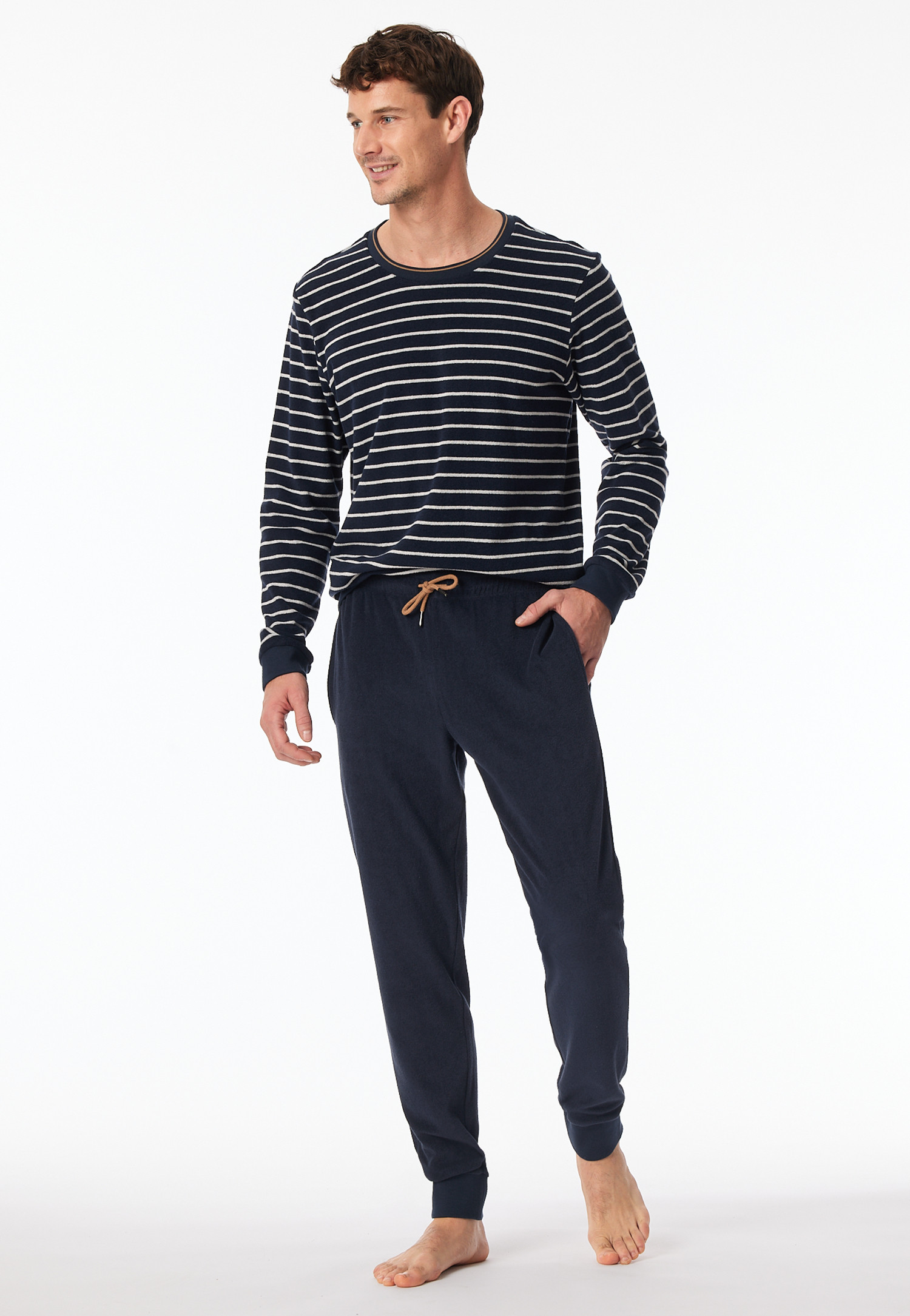 Pyjama lange badstof manchetten strepen nachtblauw - Casual Nightwear ...