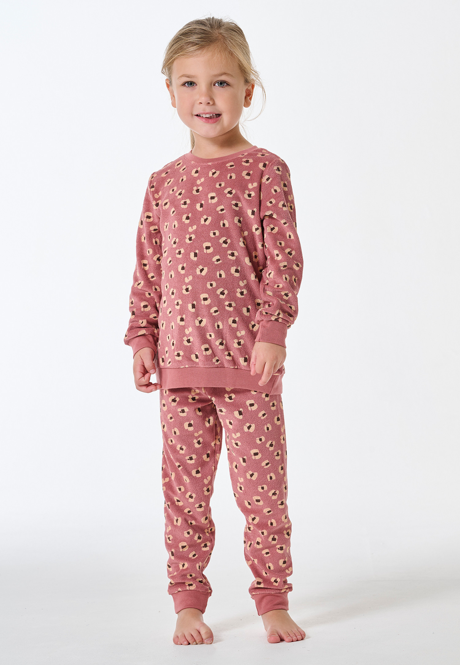 Long pyjamas terry towelling animal print dusky pink - Kids Nightwear ...