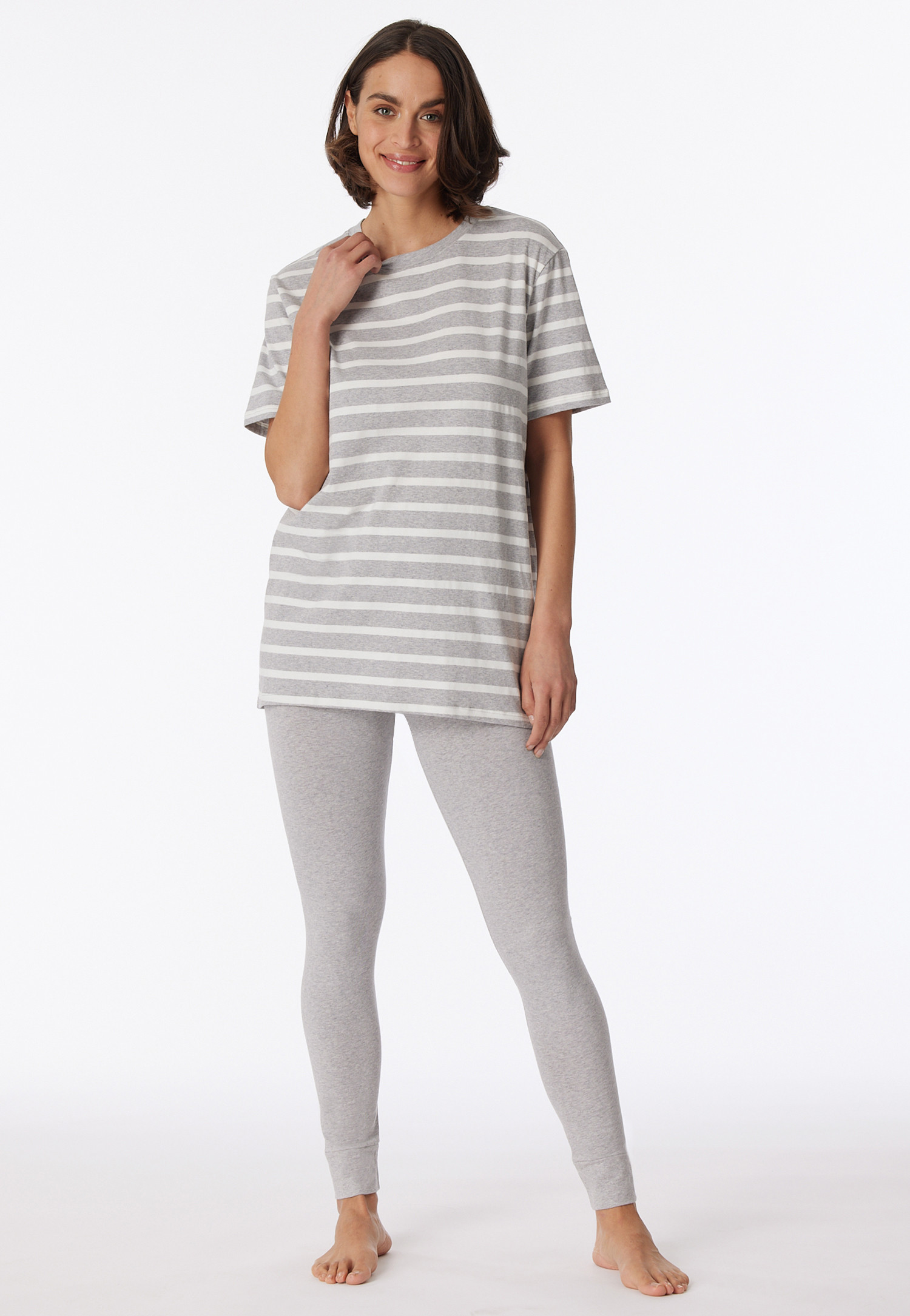 Schlafanzug lang T-Shirt Leggings Streifen grau-meliert - Casual Essentials | SCHIESSER