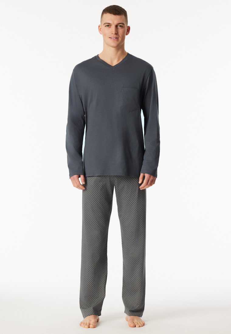 Pyjamas long V-neck chest pocket dark grey patterned - Comfort ...